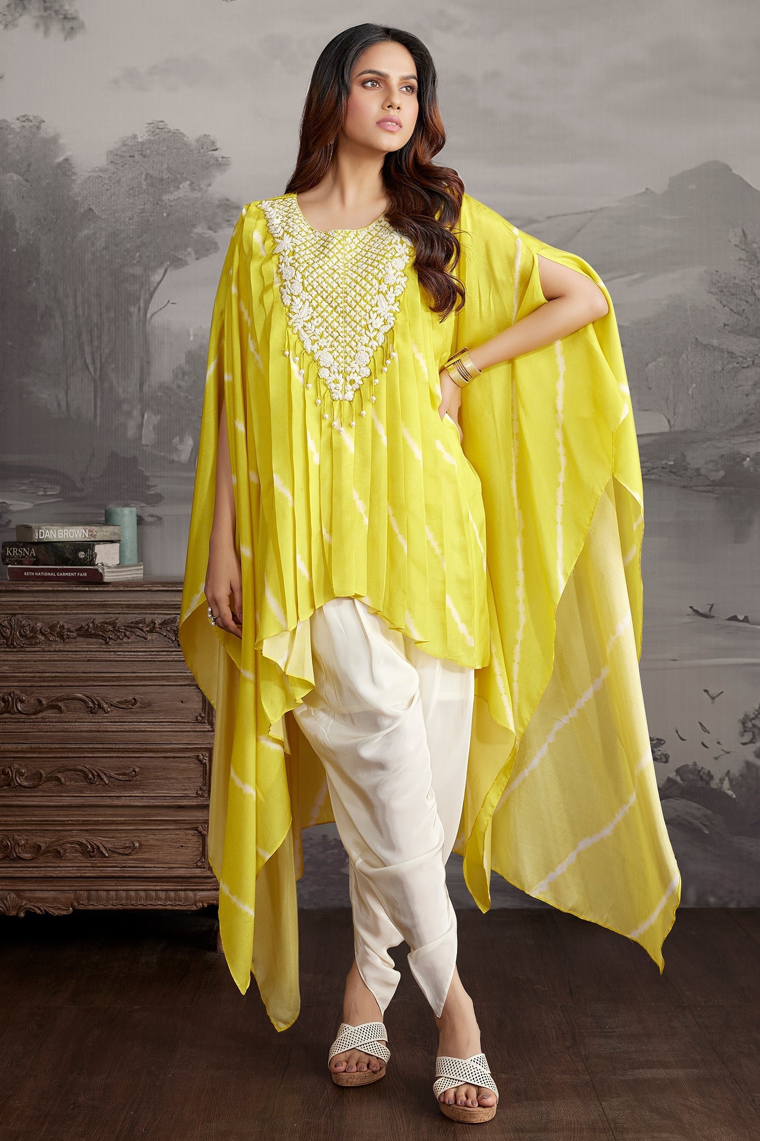 Yellow Russian Silk Leheriya Print Pleated Kaftan Style Top with Tulip ...
