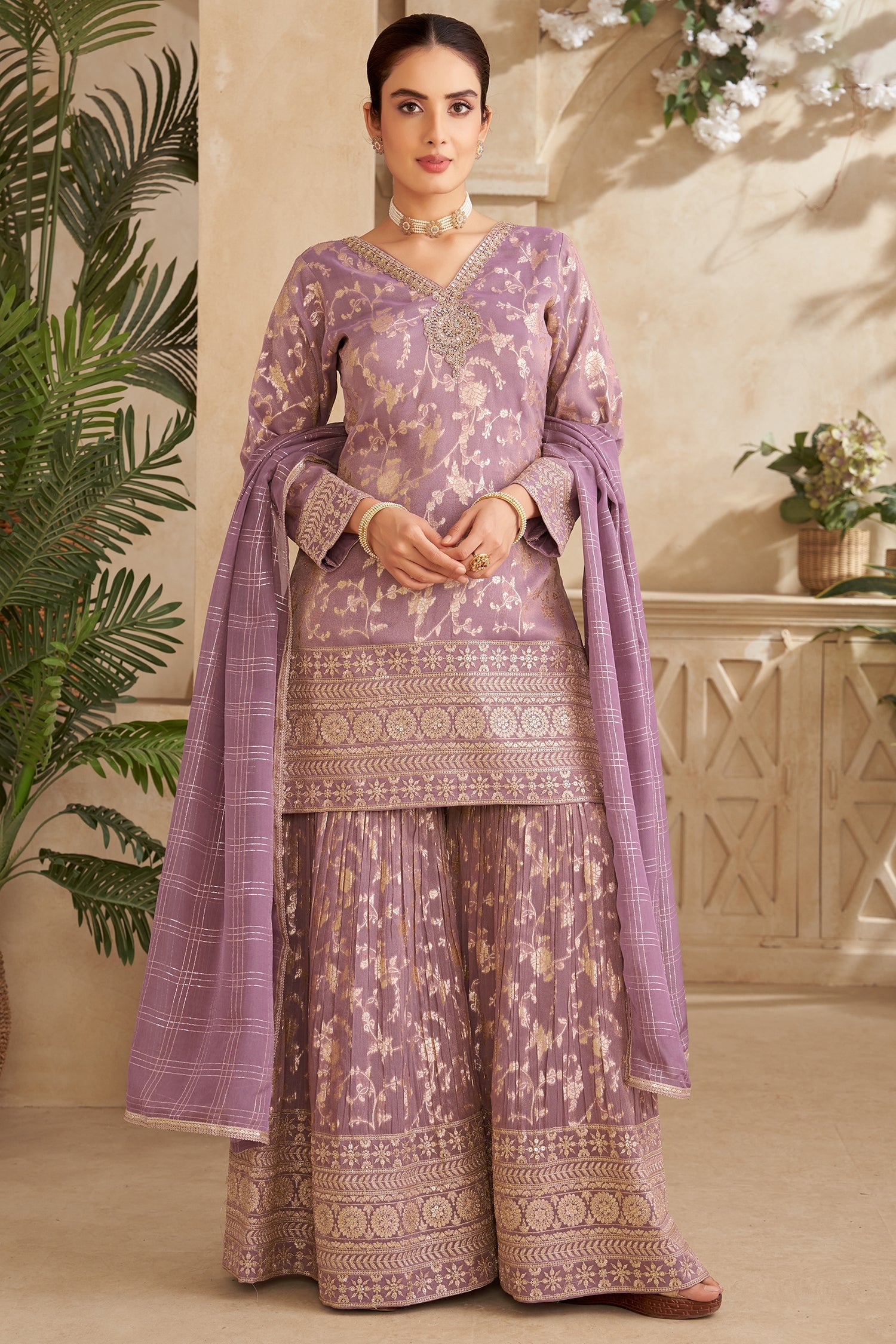 Opera Mauve Jacquard Floral Zari Woven Sharara Suit – Asopalav.com