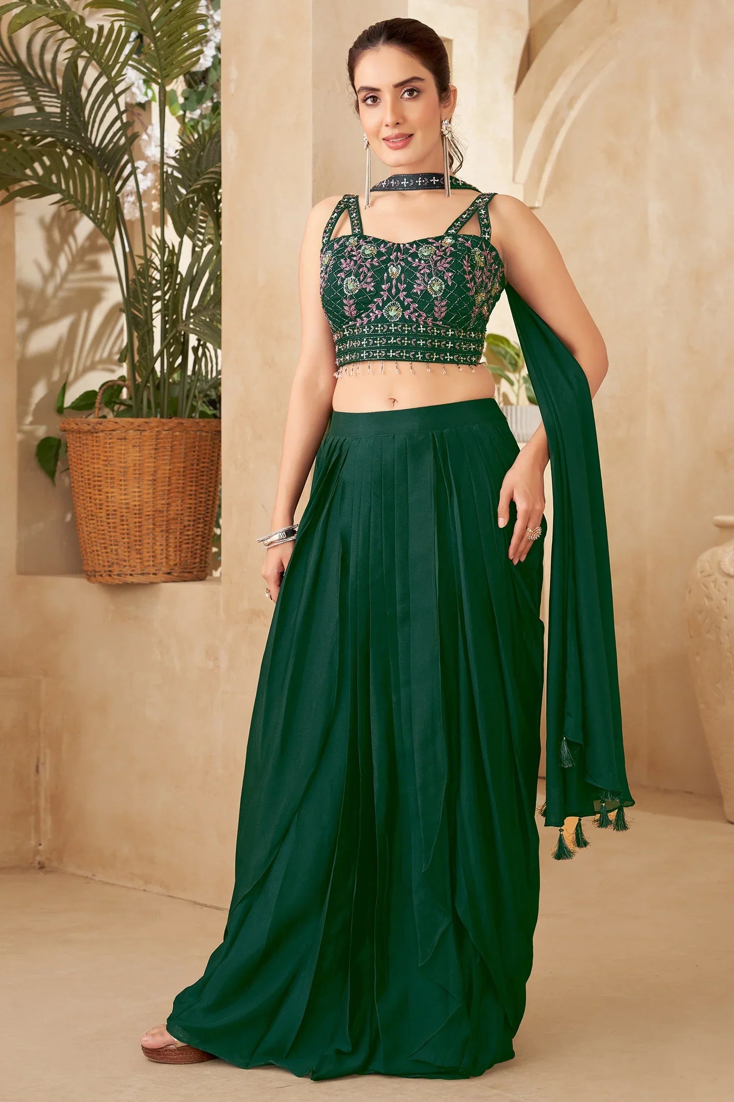 Green Georgette Sequin Cutdana Worked Crop Top with Pleated Skirt and ...