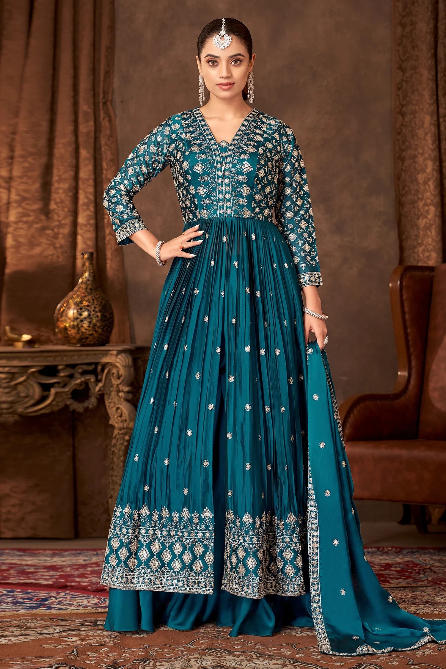 Rama Blue Chinon Silk High Slit Cut Sequin Embroidered Palazzo Suit ...